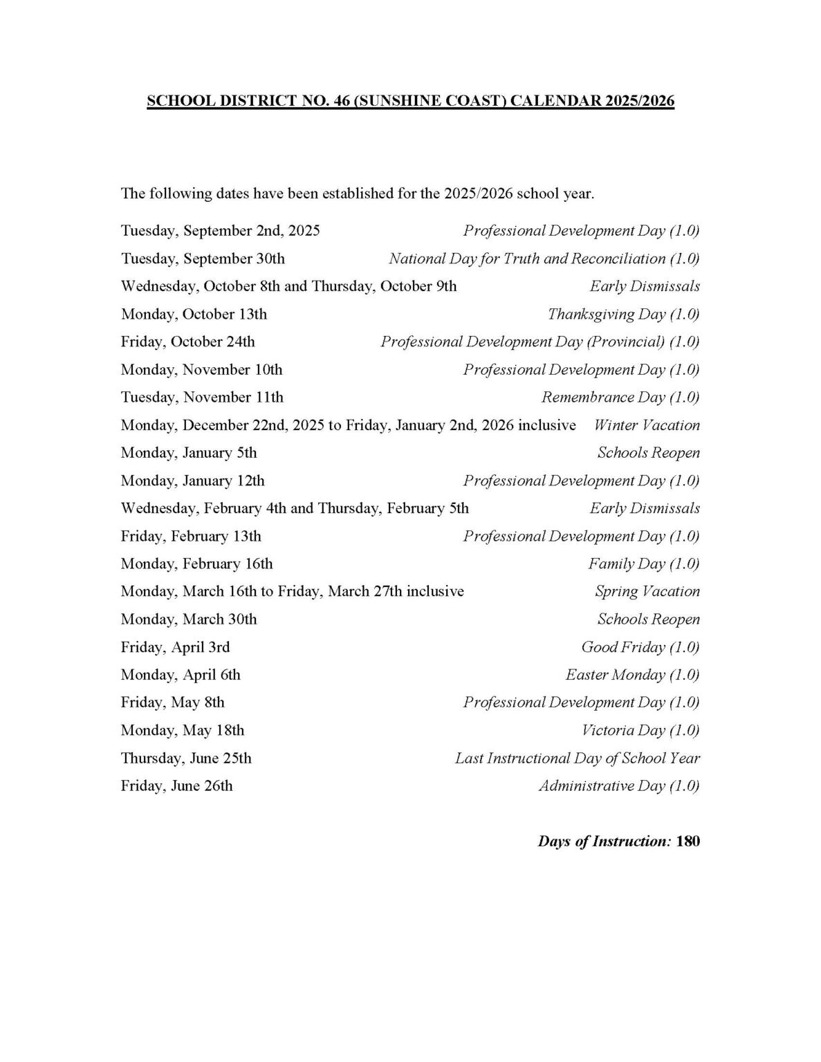 School District Calendar 2025-2026 | Elphinstone Secondary